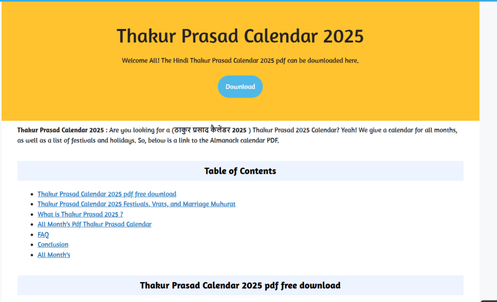 Thakur Prasad Calendar 2025 Free - ठाकुर प्रसाद कैलेंडर 2025 डाउनलोड PDF